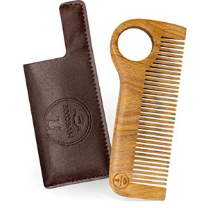 manecode wooden hair comb for men - premium quality anti-static sandalwood and eco-leather pocket - small giftable craft box