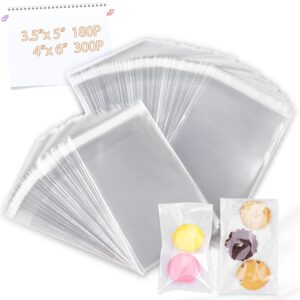 480 pcs clear resealable cellophane bags 2 sizes with 180 pcs 3.5×5 inches, 300 pcss 4×6 inches good for bakery, snacks, candle, soap, cookie, cards.