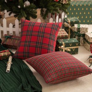 AQOTHES Pack of 2 Christmas Plaid Decorative Throw Pillow Covers Scottish Tartan Cushion Case for Farmhouse Home Holiday Decor Red and Green, 18 x 18 Inches