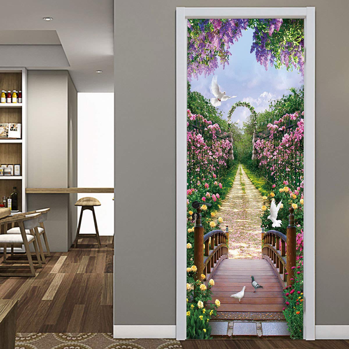 Izielad 3D Garden Flowers Self-Adhesive Door Wallpaper Murals Wall Stickers Peel and Stick Door Poster for Home Decoration Vinyl Removable Art Decal 30.3" x78.7