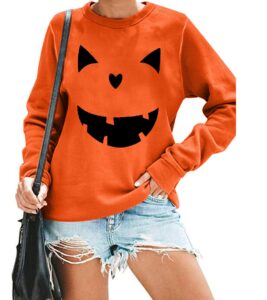 women's halloween pumpkin face long sleeve sweatshirts lightweight casual pullover tops (xxl, orange)