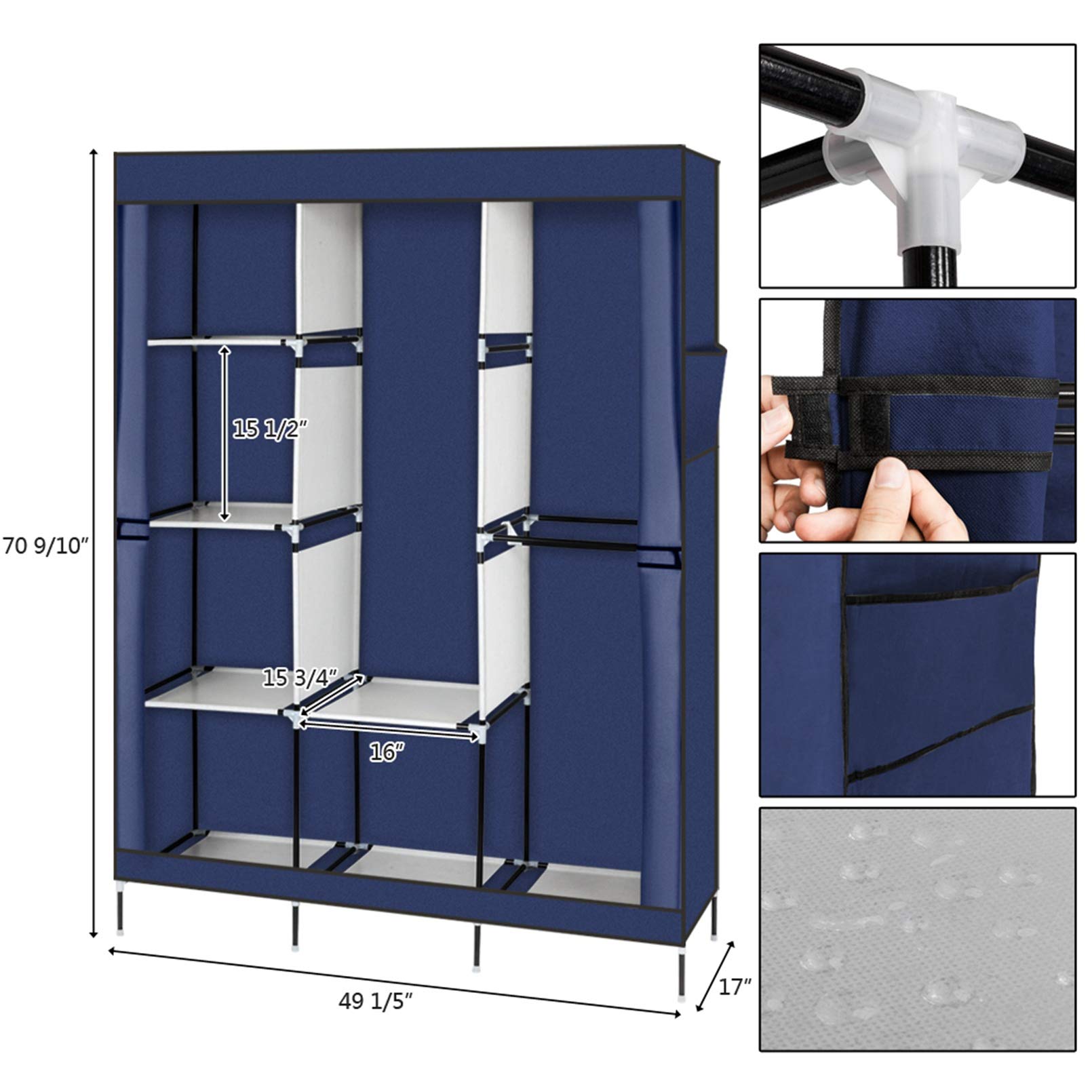 71" Portable Closet Wardrobe Clothes Rack Storage Organizer with Shelf Blue Clothes Storage Organizer Closet ?for Home, Dorm, Garage etc. ?No-Tool Assembly