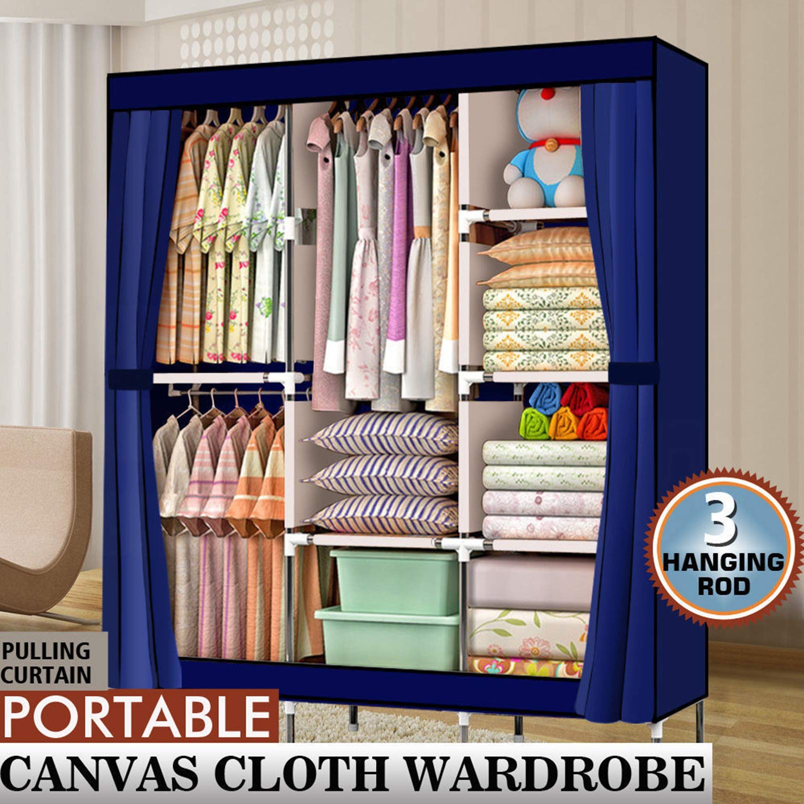 71" Portable Closet Wardrobe Clothes Rack Storage Organizer with Shelf Blue Clothes Storage Organizer Closet ?for Home, Dorm, Garage etc. ?No-Tool Assembly