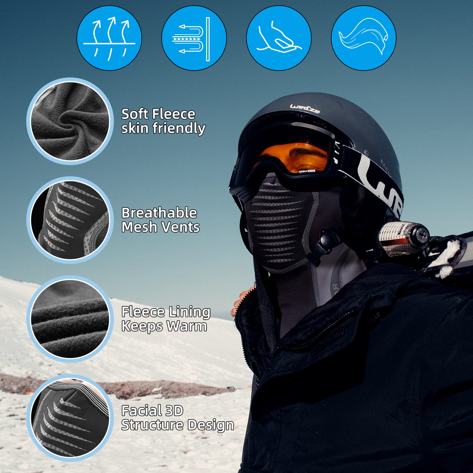 ROCKBROS Ski Mask Cold Weather Balaclava Windproof Fleece Thermal Face Mask Men Women Winter Neck Gaiter Motorcycle Riding Grey Black