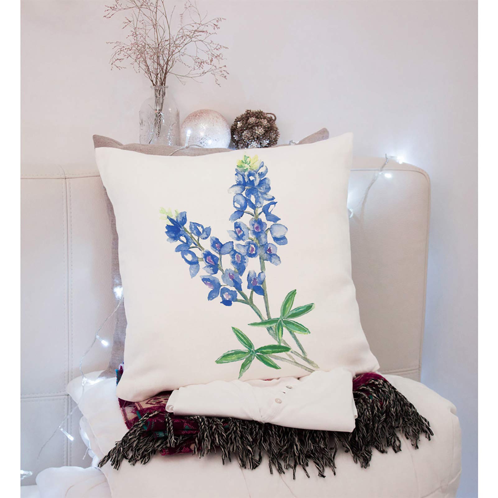 VERSUSWOLF Throw Pillow Covers Blue Texas Watercolor Bluebonnet Cotton Linen Decorative Square Pillowcases Cushion Cover 18 X 18 Inch