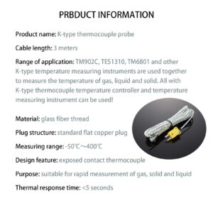 10 Pieces 3 Meters K Type Mini-Connector Thermocouple Temperature Probe Sensor K Type Thermocouple Wire Temperature Sensing Line Measure Range -50 to 400 Celsius, Compatible with TM902C/ TES1310