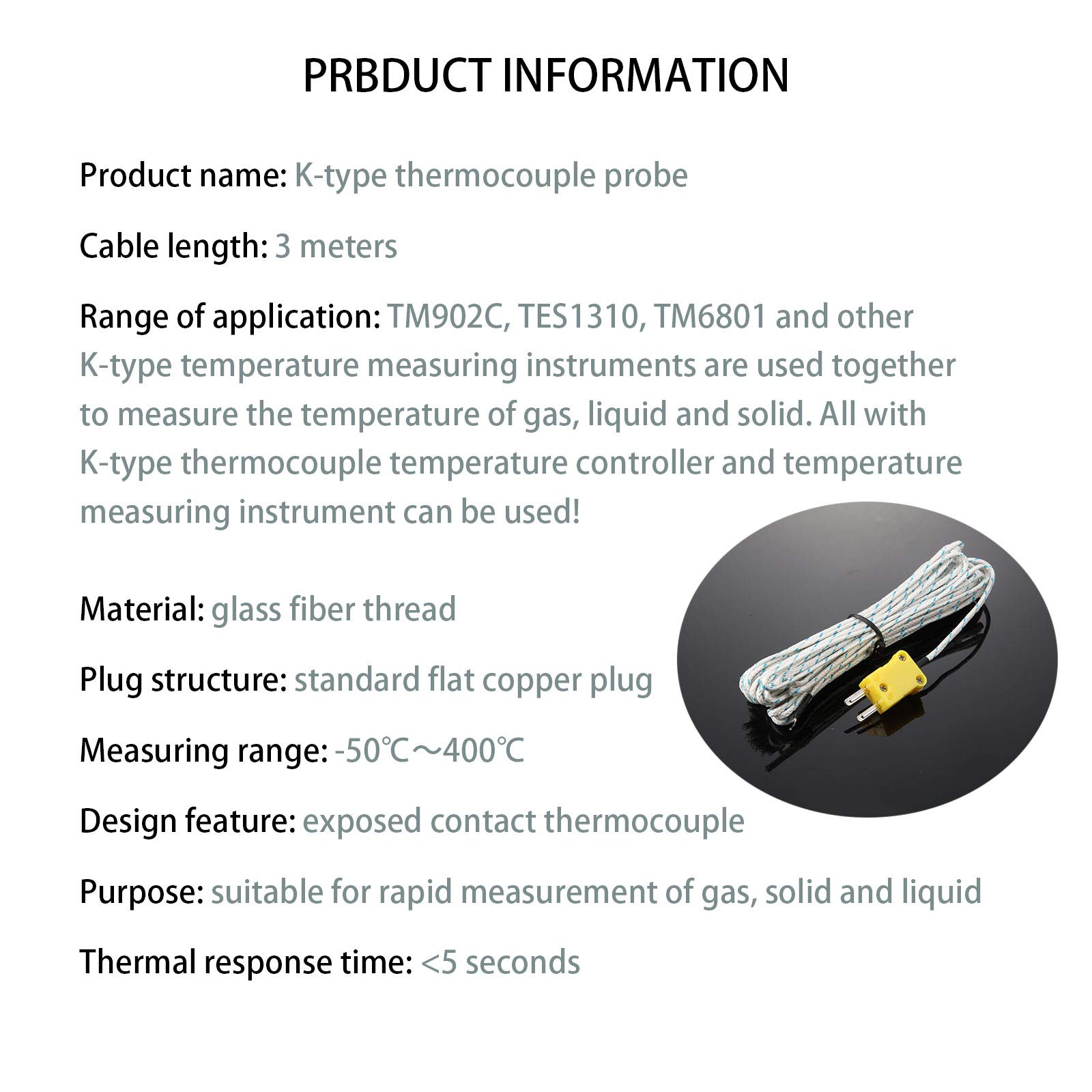 10 Pieces 3 Meters K Type Mini-Connector Thermocouple Temperature Probe Sensor K Type Thermocouple Wire Temperature Sensing Line Measure Range -50 to 400 Celsius, Compatible with TM902C/ TES1310