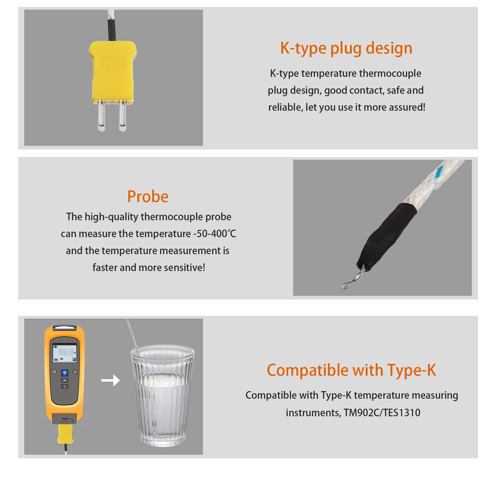 10 Pieces 3 Meters K Type Mini-Connector Thermocouple Temperature Probe Sensor K Type Thermocouple Wire Temperature Sensing Line Measure Range -50 to 400 Celsius, Compatible with TM902C/ TES1310