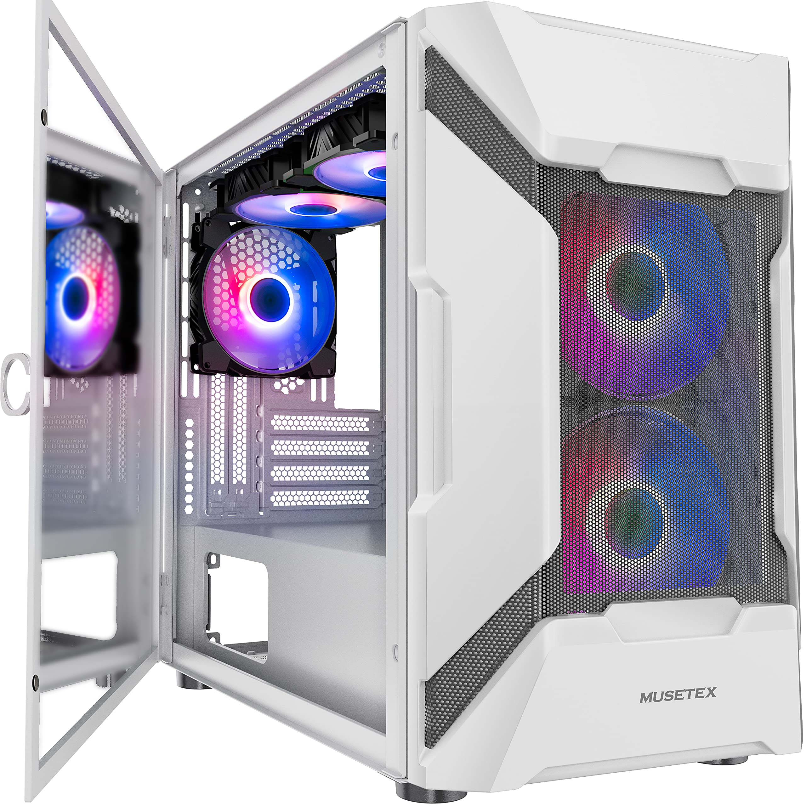 MUSETEX Mesh MATX (Micro-ATX) Mid Tower Case with 5 PCS × ARGB Fans Pre-Installed and 2 PCS × USB 3.0 Ports, Magnetic Design Opening Tempered Glass Panel Gaming PC Case (White, MK7-WN5)