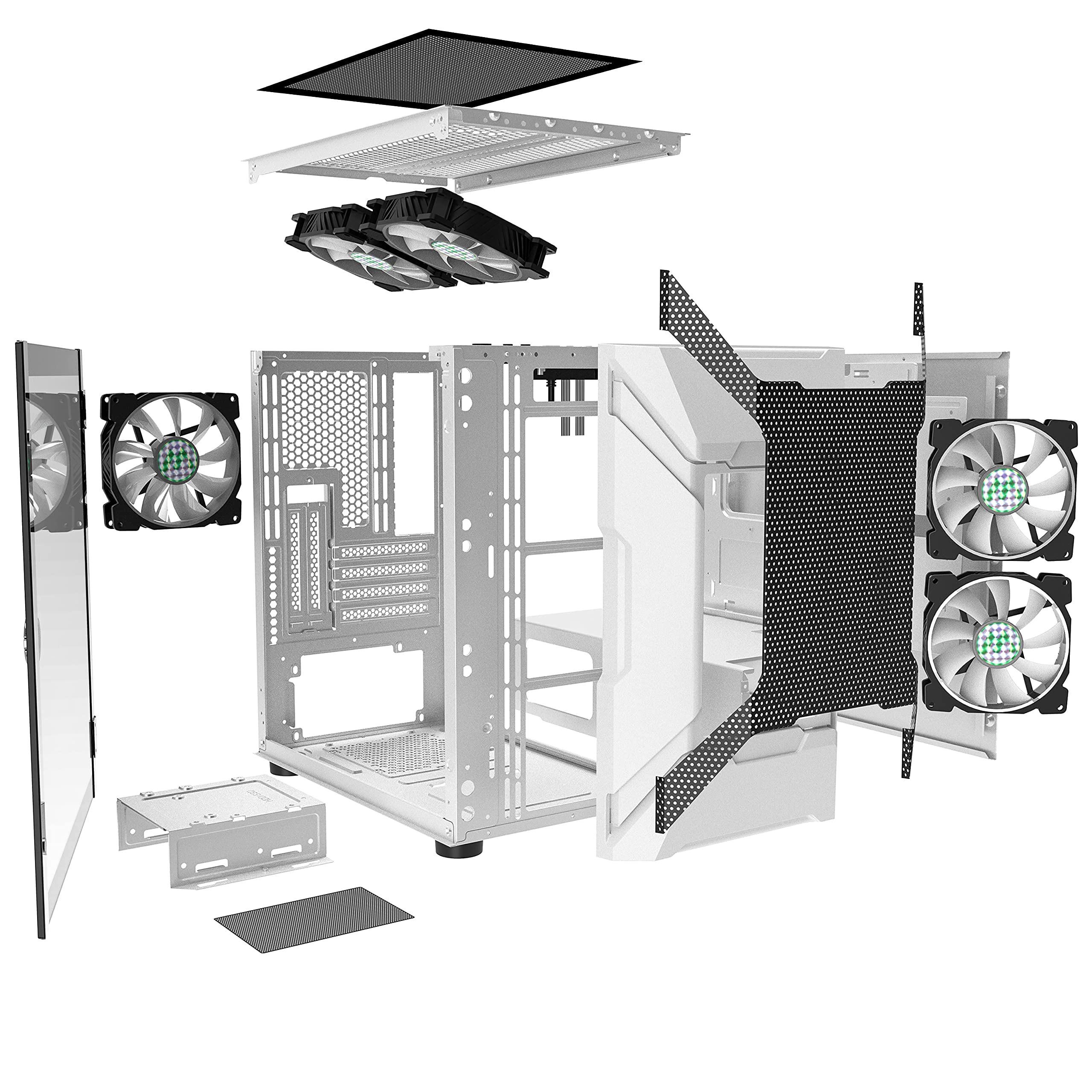 MUSETEX Mesh MATX (Micro-ATX) Mid Tower Case with 5 PCS × ARGB Fans Pre-Installed and 2 PCS × USB 3.0 Ports, Magnetic Design Opening Tempered Glass Panel Gaming PC Case (White, MK7-WN5)