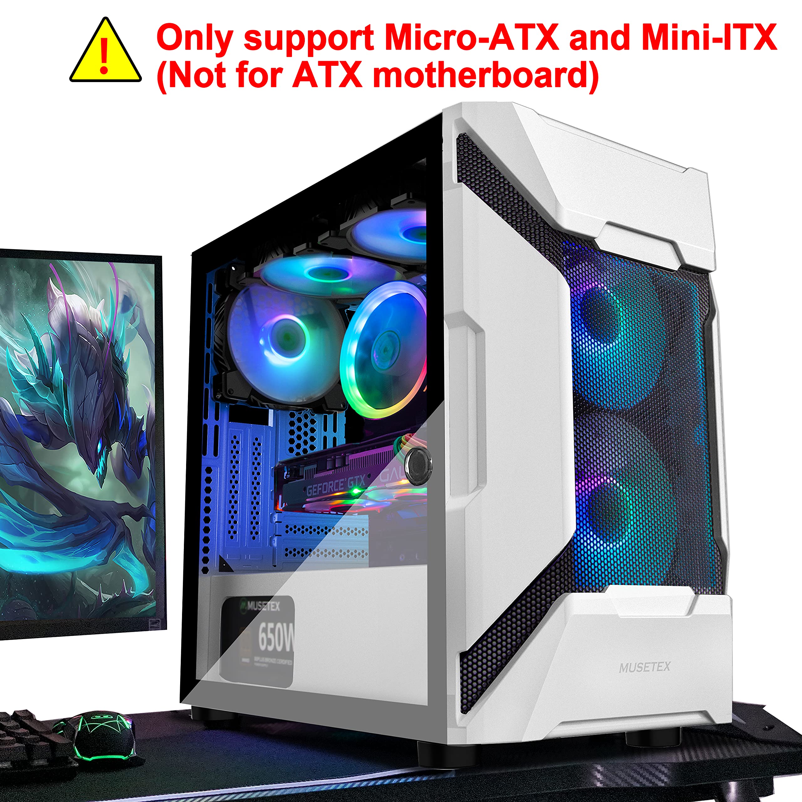 MUSETEX Mesh MATX (Micro-ATX) Mid Tower Case with 5 PCS × ARGB Fans Pre-Installed and 2 PCS × USB 3.0 Ports, Magnetic Design Opening Tempered Glass Panel Gaming PC Case (White, MK7-WN5)