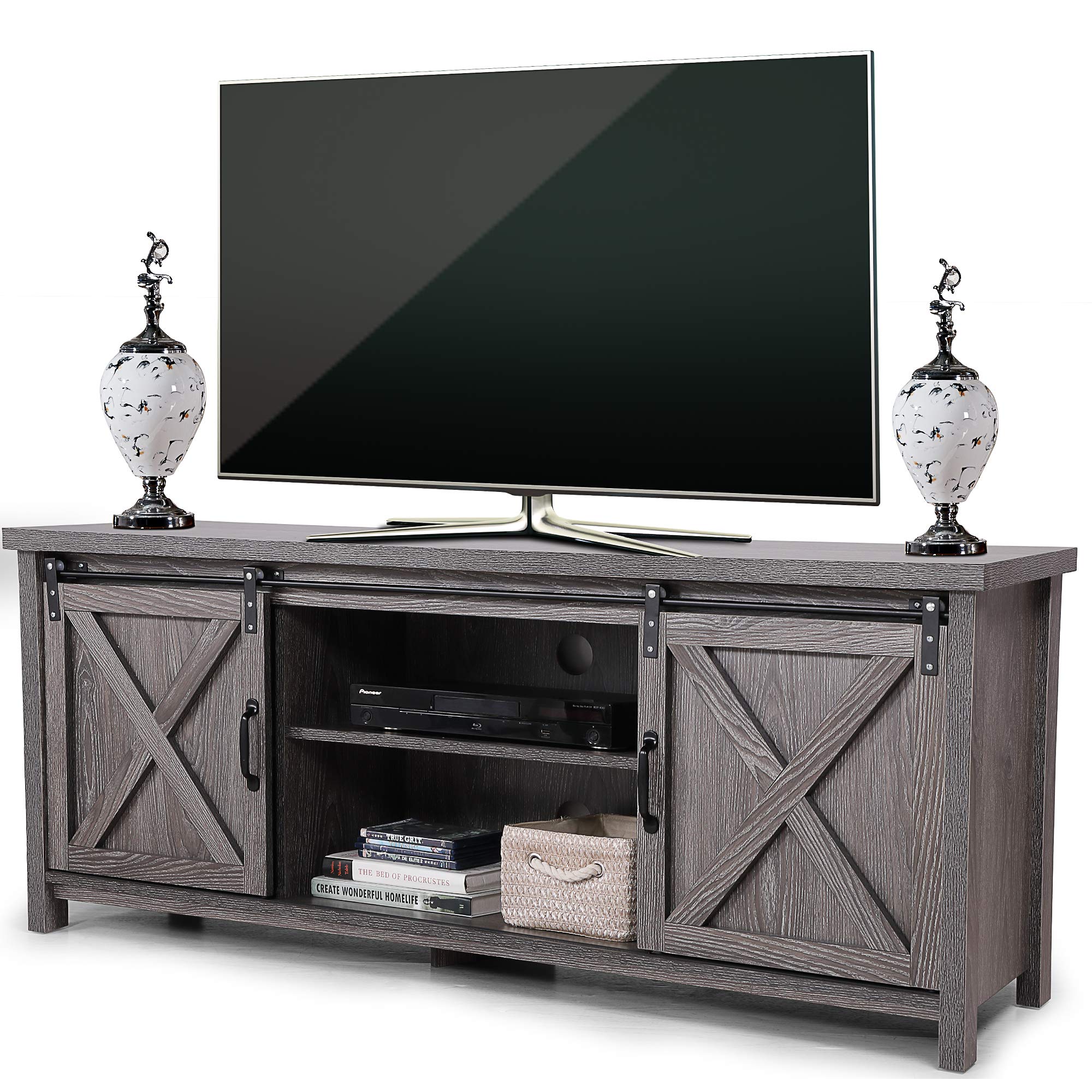 JAXSUNNY 58" Farmhouse Wood TV Stand, TV Console Stand for TVs up to 65", Storage Cabinets with Sliding Barn Doors, Media Entertainment Console, Grey Oak