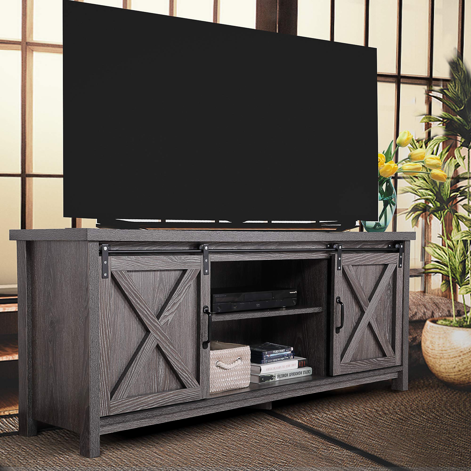 JAXSUNNY 58" Farmhouse Wood TV Stand, TV Console Stand for TVs up to 65", Storage Cabinets with Sliding Barn Doors, Media Entertainment Console, Grey Oak