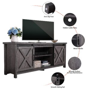 JAXSUNNY 58" Farmhouse Wood TV Stand, TV Console Stand for TVs up to 65", Storage Cabinets with Sliding Barn Doors, Media Entertainment Console, Grey Oak