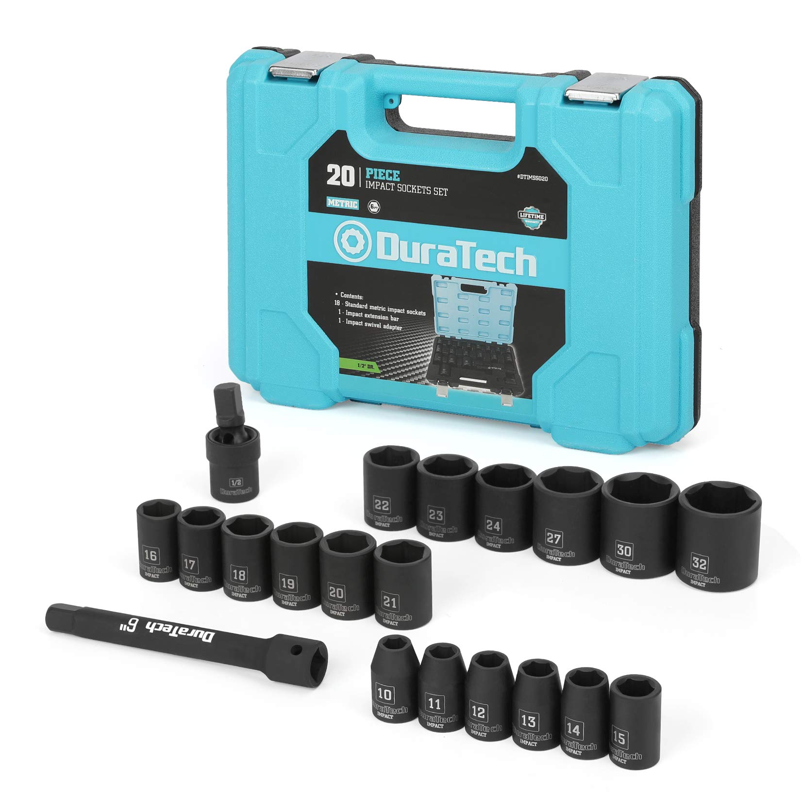 DURATECH 1/2" Drive Impact Socket Set, 20-piece Shallow Socket Set, Metric: 10-32mm with Impact Extension Bar and Universal Joints