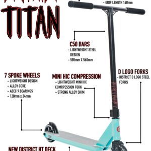 District Pro Scooters Titan Complete Stunt Street Scooter - Intermediate and Beginner Freestyle Scooter for Kids, Teens, and Adults of Any Age