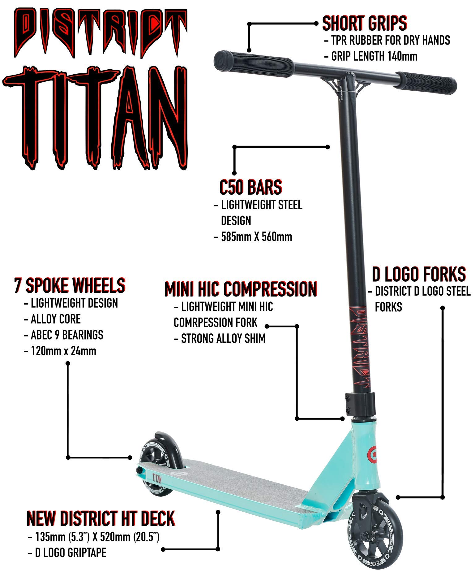 District Pro Scooters Titan Complete Stunt Street Scooter - Intermediate and Beginner Freestyle Scooter for Kids, Teens, and Adults of Any Age