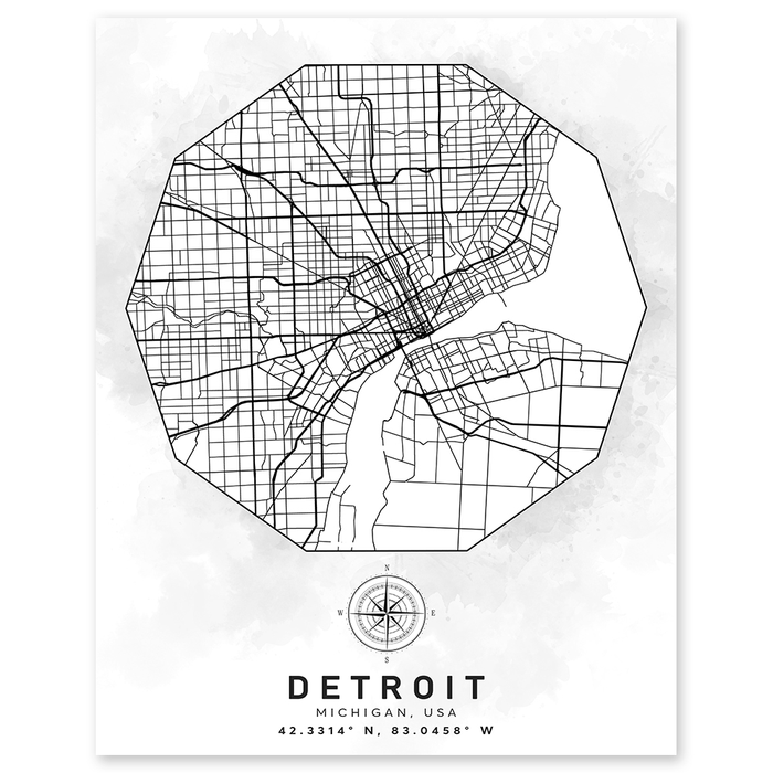 Detroit Michigan Aerial Street Map Wall Print - Geography Classroom Decor