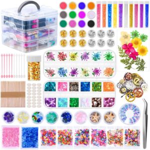 thrilez resin decoration accessories kit, jewelry making supplies with dried flowers, glitter sequin, mica powder, foil flakes and epoxy fillers for crafts beginners