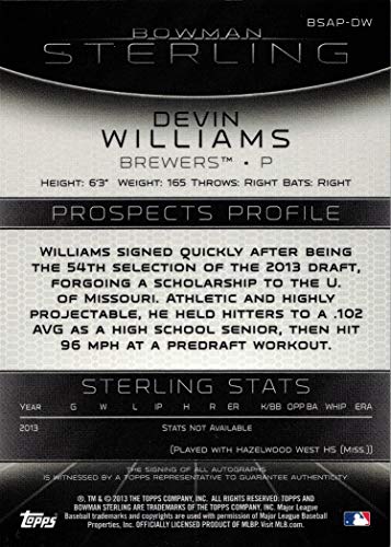 2013 Bowman Sterling Prospects Baseball #BSAP-DW Devin Williams Certified Autograph Pre-Rookie Card - Brewers