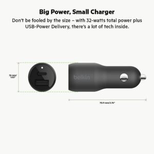 Belkin 32 Watt Dual USB Car Charger - Power Delivery 20W USB C Port & 12W USB A Port for PPS Charging Apple iPhone 14, 14 Pro, 14 Pro Max, iPhone 13, Samsung Galaxy, AirPods & More - USB-C Charger