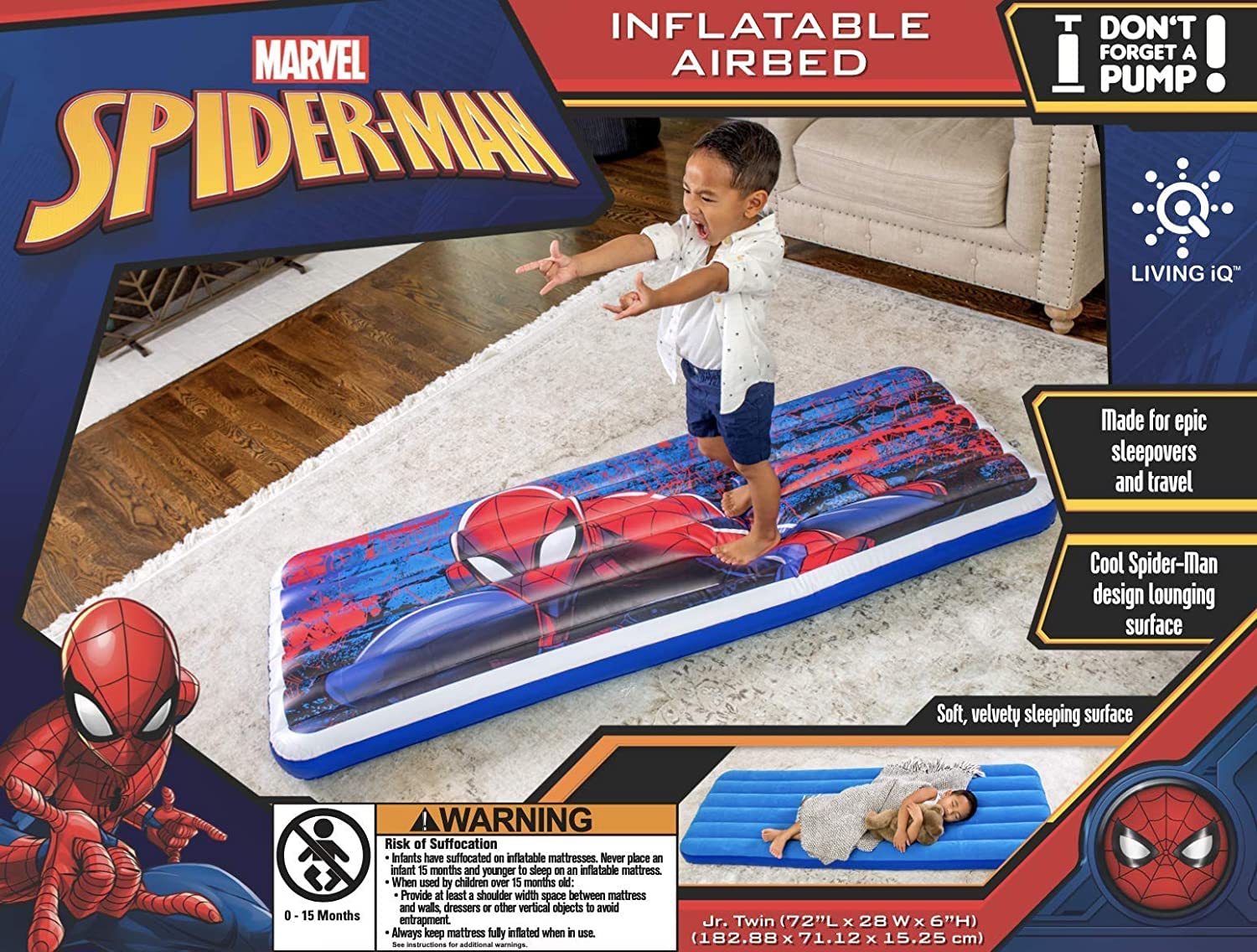 Living iQ Jr Twin-Size Kids Inflatable Air Bed, Blow-Up Mattress with Disney Marvel Spider-Man Theme, Waterproof & Puncture Resistant Vinyl, Lightweight & Portable for Travel, Hotel, Camp & Sleepover