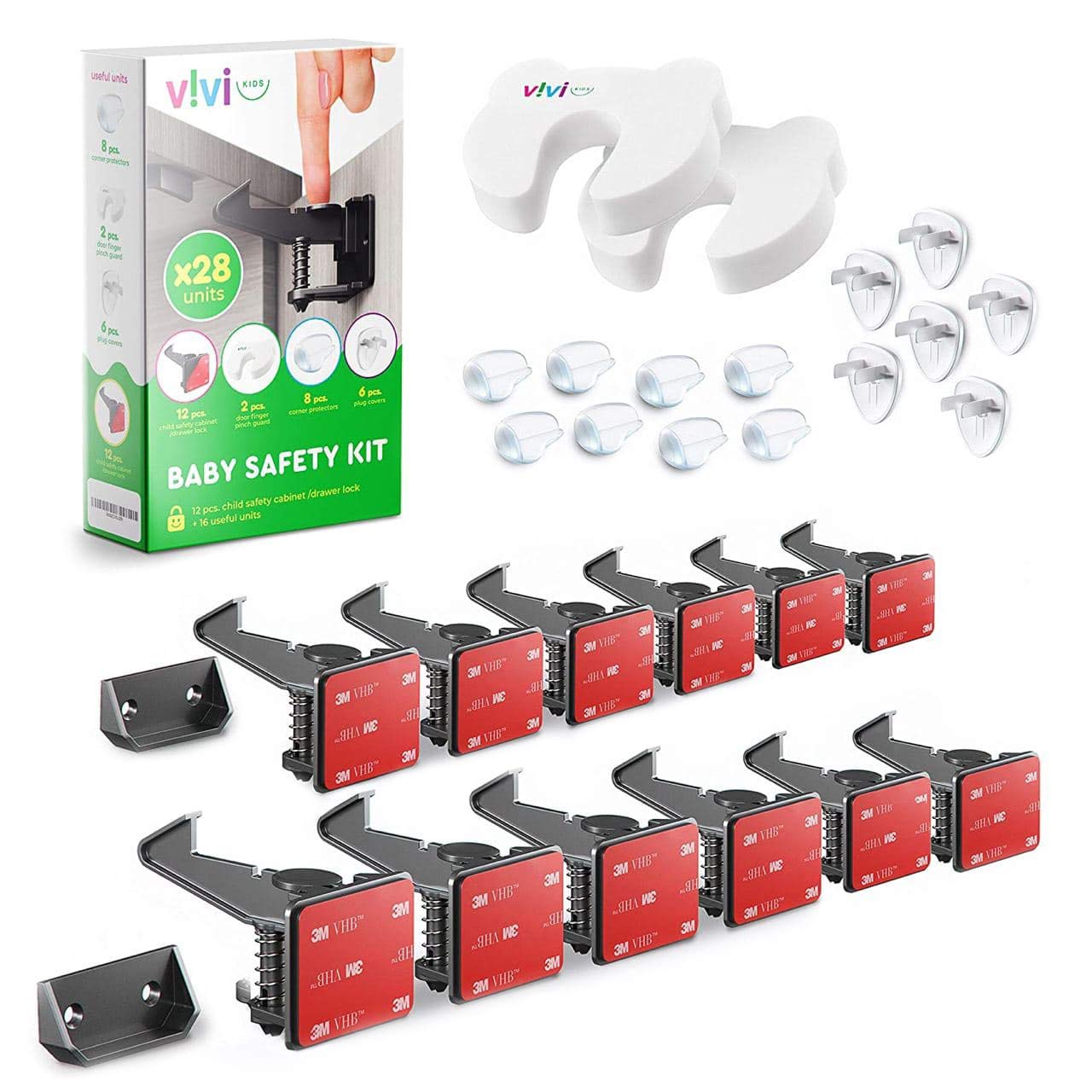 Universal Baby Safety Kit Vivi Kids – Complete Baby Proofing Kit – 28 Pieces – 12 Concealed Cabinet Locks, 8 Corner Protectors, 6 Plug Covers & 2 Door Finger Pinch Guards – Easy to Install with 3M