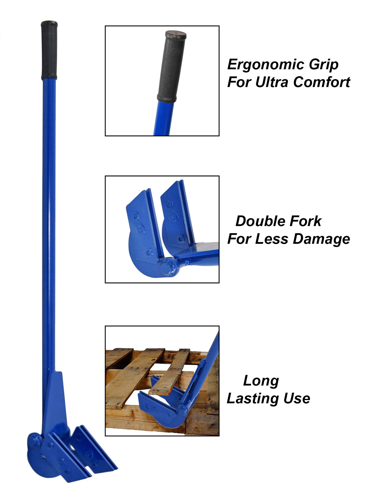 HOME-X Heavy-Duty Pallet Buster with Rotating Head, 45-Inch Powder-Coated Steel with Rubber Handle, No Assembly Required, 45" L x 6" W x 1 ¼ " H, Blue