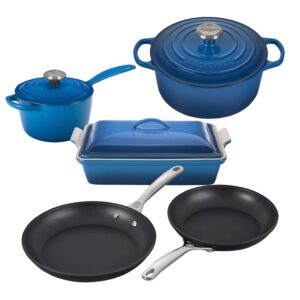 Le Creuset 8 Piece Multi-Purpose Enameled Cast Iron with SS Knobs, Stoneware, and Toughened Nonstick PRO Fry Pan Complete Cookware Set - Marseille