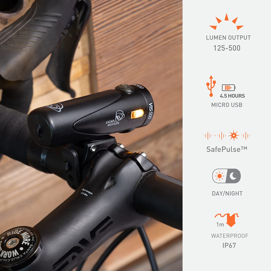 Light & Motion Vis 500, Light up The Road or Trail with a Bright 500 lumens, or Switch to SafePulse for Maximum Daytime Safety. A Strong Performer with Great Value, Light Weight, and Reliability