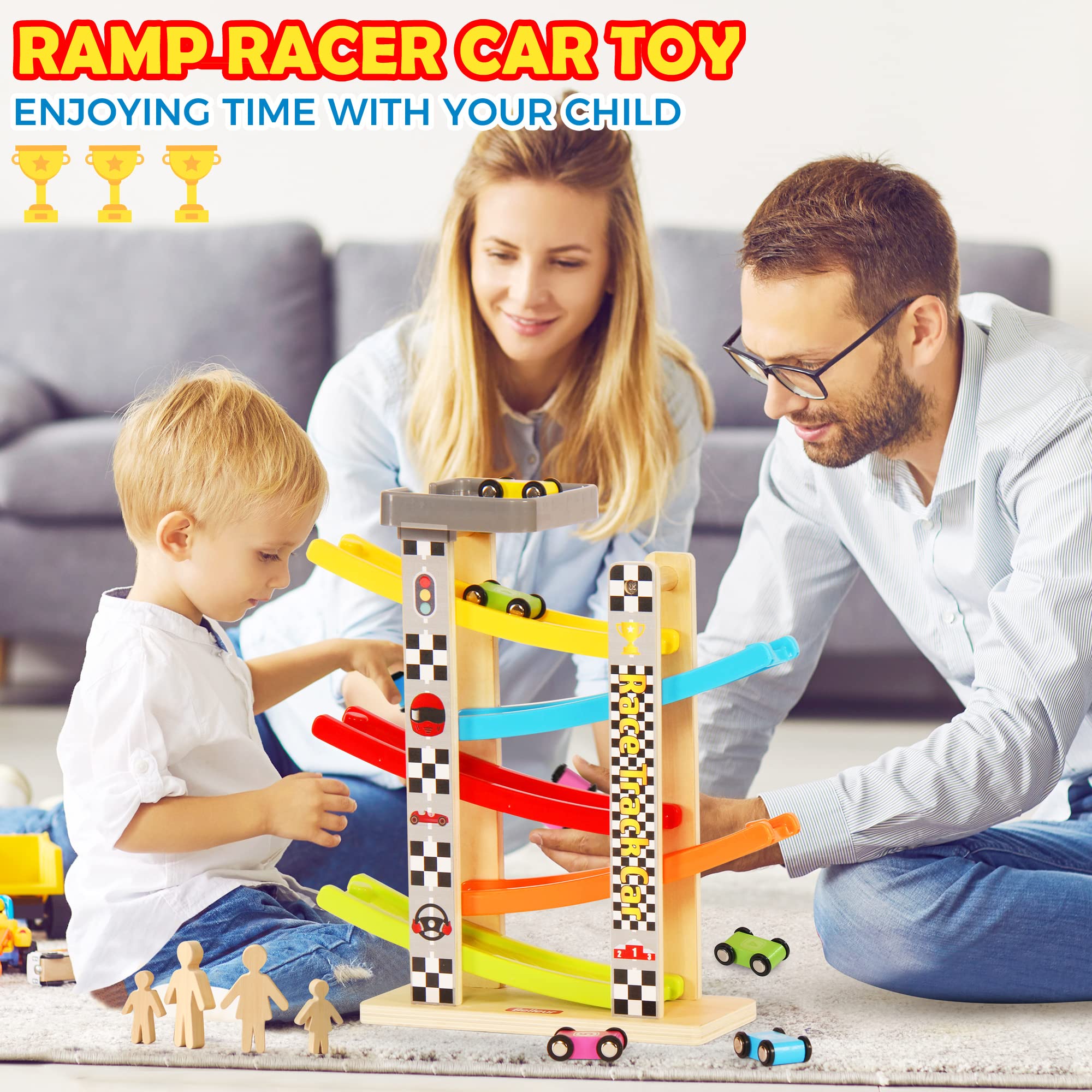 Belleur Montessori Toy for 1-3 Years Old Boys and Girls, Kid Wooden Race Track Car, Toddler Ramp Racer Set with 5 Mini Cars & 5 Ramps, Perfect for Babies' Birthday Gifts, Visit Gifts