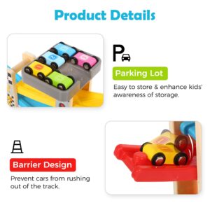 Belleur Montessori Toy for 1-3 Years Old Boys and Girls, Kid Wooden Race Track Car, Toddler Ramp Racer Set with 5 Mini Cars & 5 Ramps, Perfect for Babies' Birthday Gifts, Visit Gifts