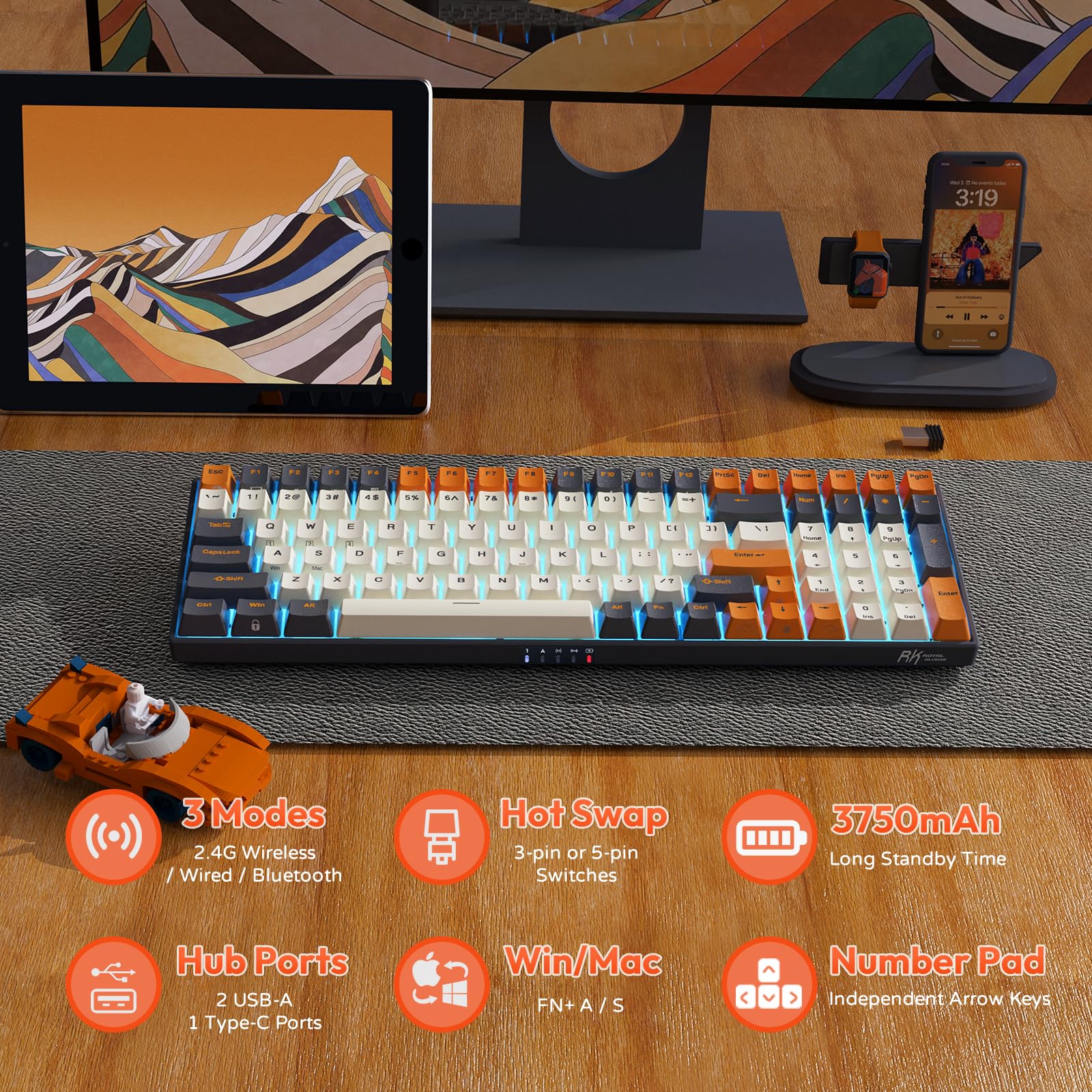 RK ROYAL KLUDGE RK100 2.4G Wireless/Bluetooth/Wired RGB Mechanical Keyboard, 100 Keys 3 Modes Connectable Hot Swappable Brown Switch Gaming Keyboard for Win/Mac