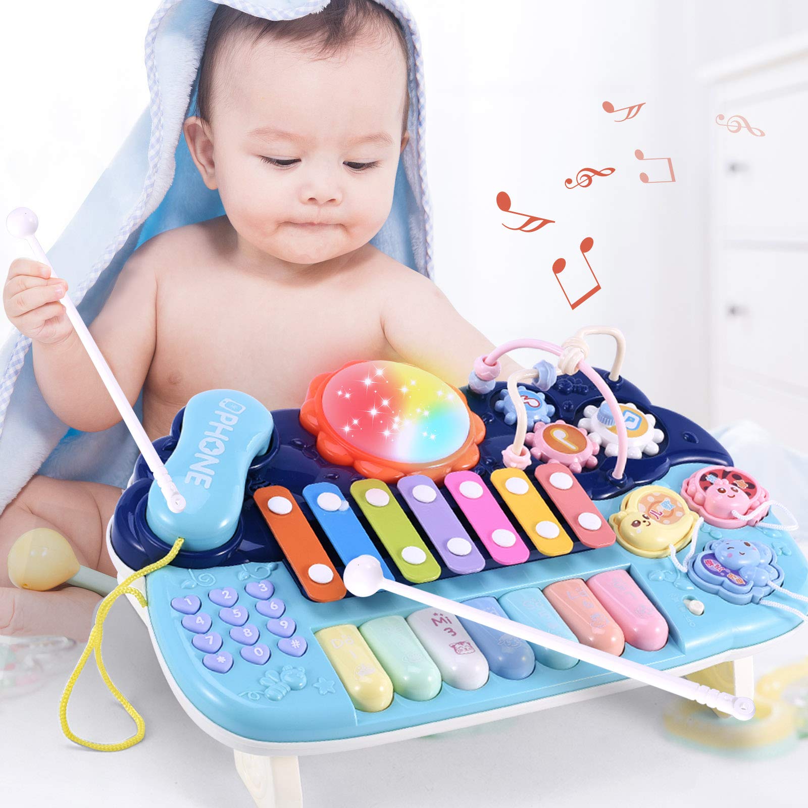 Musical Toys for Toddlers 1-3 6 in 1 Multifunction Baby Musical Toys Piano Drum Set Xylophone Bead Maze Gear Kids Phone Toys Electronic Learning Toys for Baby Infant Toddler Birthday Gifts for Kids