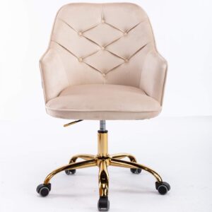 ssline elegant velvet desk chair for girls women modern swivel office computer chair on wheels cute vanity chair leisure chair w/arm for home study living room (beige and gold base)