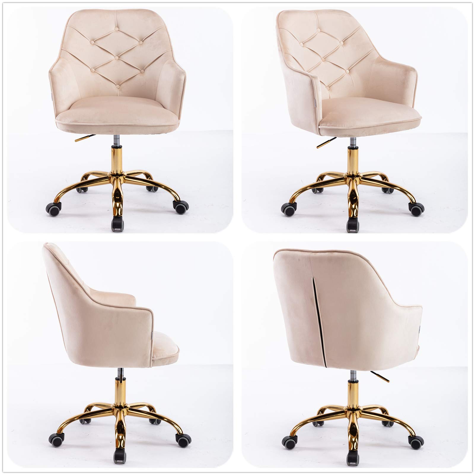 SSLine Elegant Velvet Desk Chair for Girls Women Modern Swivel Office Computer Chair on Wheels Cute Vanity Chair Leisure Chair w/Arm for Home Study Living Room (Beige and Gold Base)