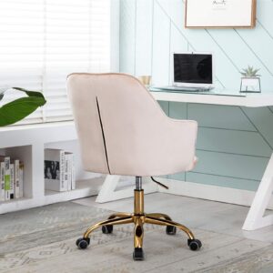 SSLine Elegant Velvet Desk Chair for Girls Women Modern Swivel Office Computer Chair on Wheels Cute Vanity Chair Leisure Chair w/Arm for Home Study Living Room (Beige and Gold Base)