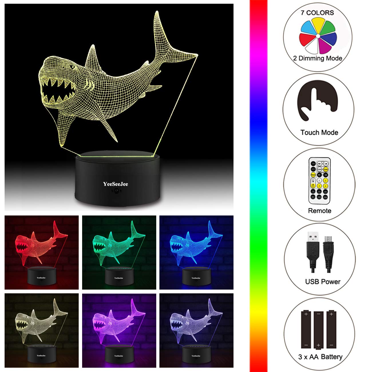 YeeSeeJee Shark Toys,Shark Night Light with 7 Colors Adjustable Timer Remote Control Shark Toys for Boys Birthday Gifts for Girls Age 5 6 7 8 9 Year Old Boys Gifts (Shark 7CB)