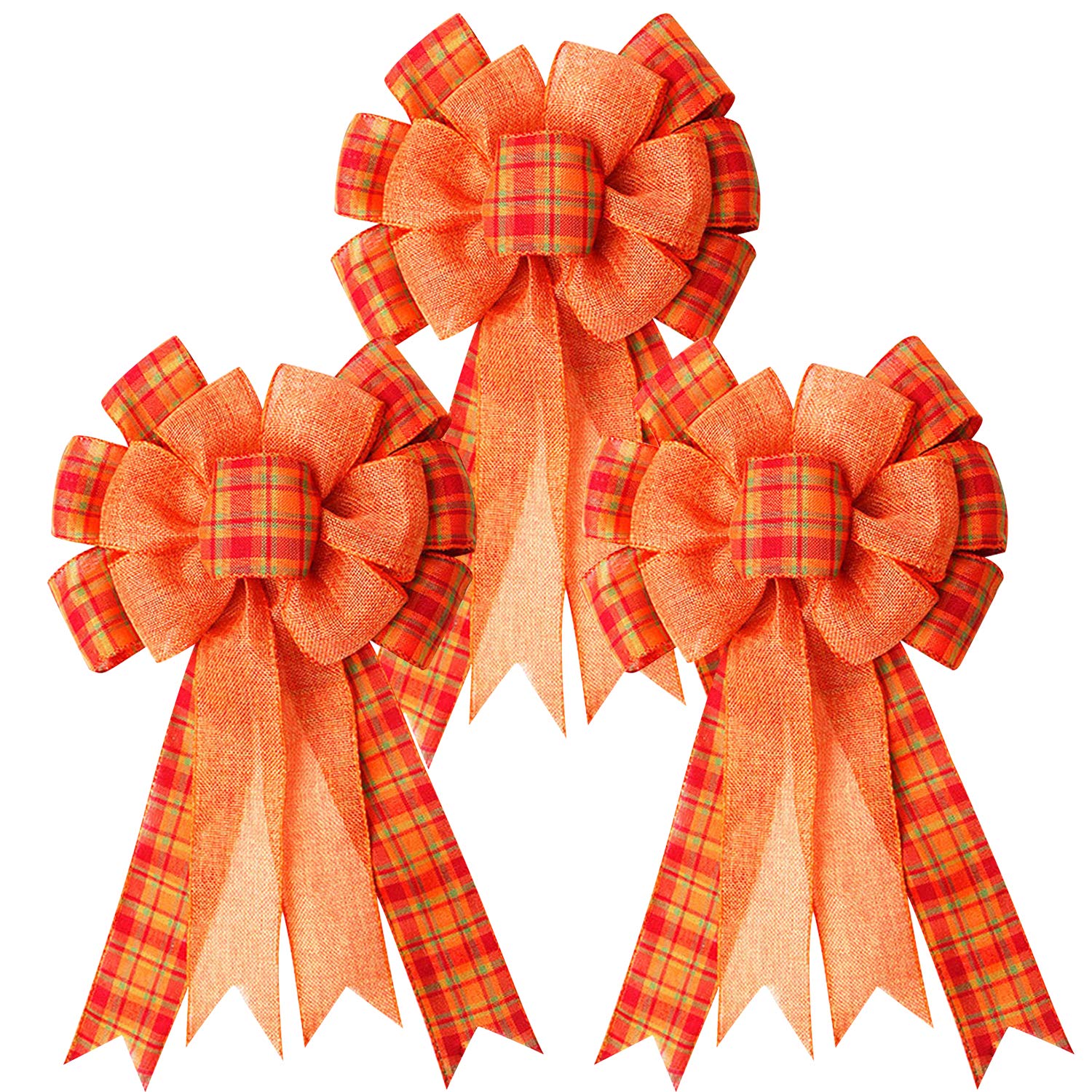 3Pcs Large Fall Thanksgiving Wreath Gift Bow -18.8x10.6inch Orange Buffalo Plaid Check Wreath Swag Bow Wreath Pre-Tied Bow for Fall, Thanksgiving, Christmas, Home Indoor Outdoor Ornaments