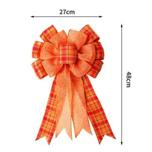 3Pcs Large Fall Thanksgiving Wreath Gift Bow -18.8x10.6inch Orange Buffalo Plaid Check Wreath Swag Bow Wreath Pre-Tied Bow for Fall, Thanksgiving, Christmas, Home Indoor Outdoor Ornaments