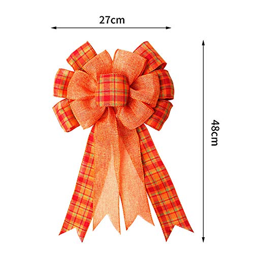 3Pcs Large Fall Thanksgiving Wreath Gift Bow -18.8x10.6inch Orange Buffalo Plaid Check Wreath Swag Bow Wreath Pre-Tied Bow for Fall, Thanksgiving, Christmas, Home Indoor Outdoor Ornaments