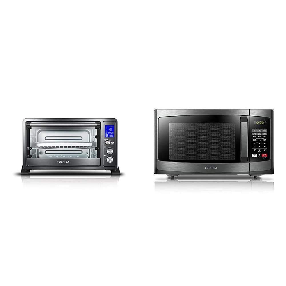 Toshiba AC25CEW-BS Digital Toaster Oven, Black Stainless Steel & EM925A5A-BS Microwave Oven with Sound On/Off ECO Mode and LED Lighting, 0.9 Cu. ft/900W, Black Stainless Steel