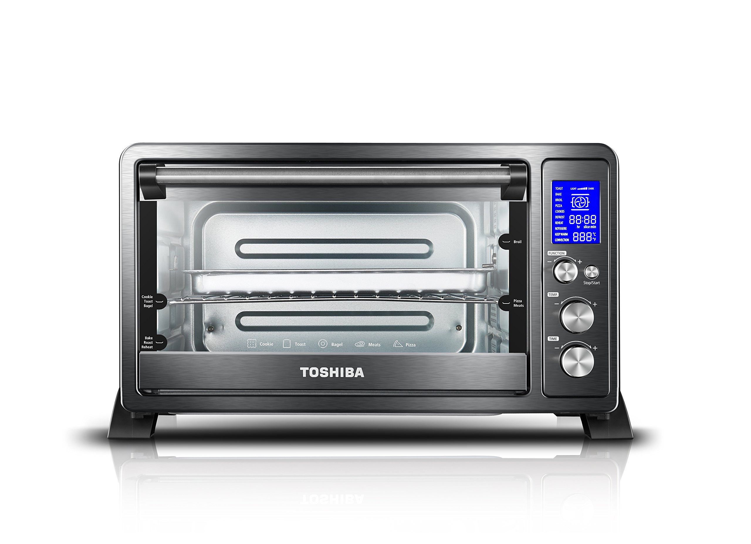 Toshiba AC25CEW-BS Digital Toaster Oven, Black Stainless Steel & EM925A5A-BS Microwave Oven with Sound On/Off ECO Mode and LED Lighting, 0.9 Cu. ft/900W, Black Stainless Steel