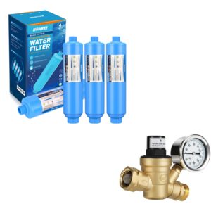 kohree rv marine inline water filter, greatly reduces bad taste, odors, chlorine and sediment in drinking water bundle with rv water pressure regulator valve, brass lead-free adjustable