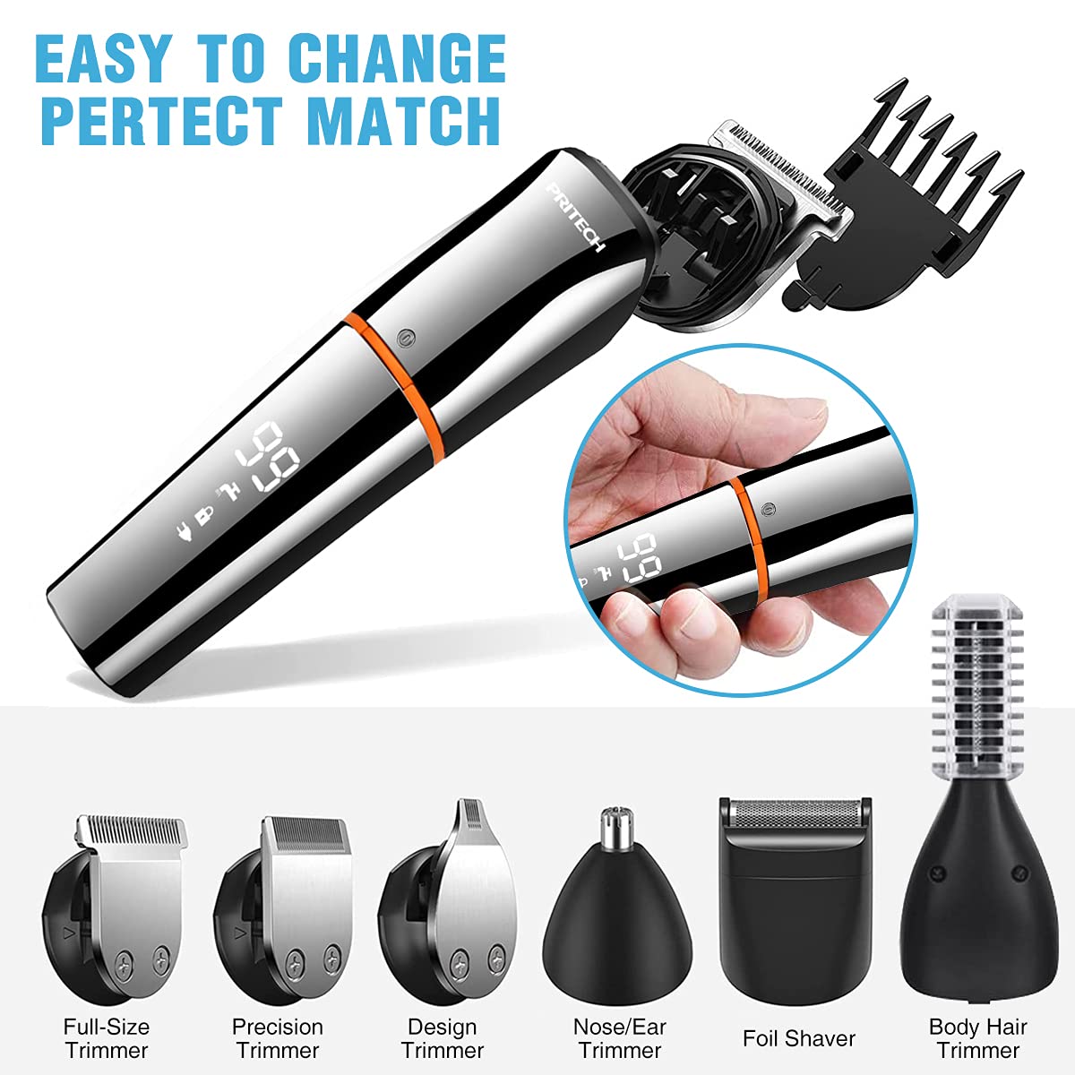 PRITECH Beard Trimmer,6 in 1 Kit Electric Hair Clipper,Cordless Nose Trimmer Mens Grooming Trimmer for Beard Head Face and Body Waterproof IPX6 USB Rechargeable LED Power Display