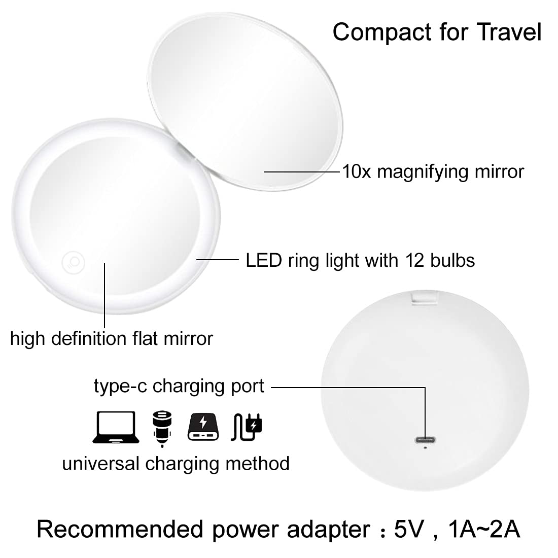 Milishow Compact Mirror with LED Light,1x/10x Magnifying Rechargeable Mirror,3.5in, Dimmable Travel Mirror for Purse,Pocket,Handheld 2-Sided Makeup Mirror (White 1Pack)