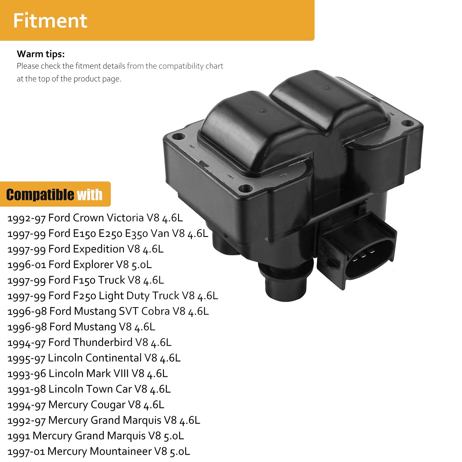 NPAUTO Ignition Coil Pack Compatible with 4.6 5.0 V8 1997 1998 1999 Ford F150 Ranger Expedition Explorer Crown Victoria, Lincoln Town Car Mark VIII, Mercury Mountaineer, Set of 2