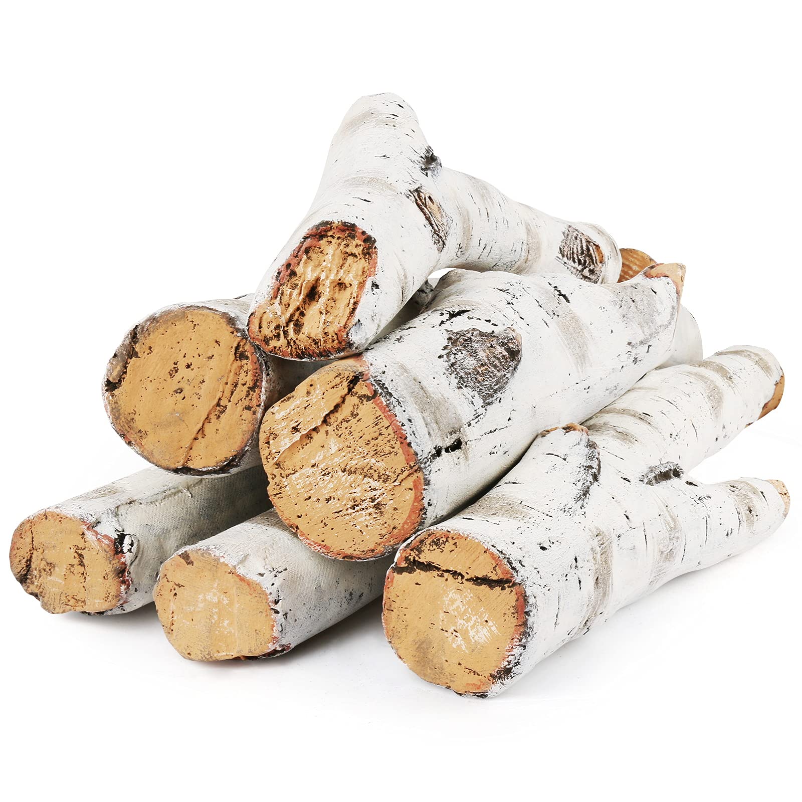 QuliMetal Gas Fireplace Logs Set, Ceramic White Birch Wood Logs for Indoor Inserts,Outdoor Firebowl,Fire Pits, Vented, Propane, Gel, Ethanol, Electric, Realistic Fireplace Decoration, 6 Pcs