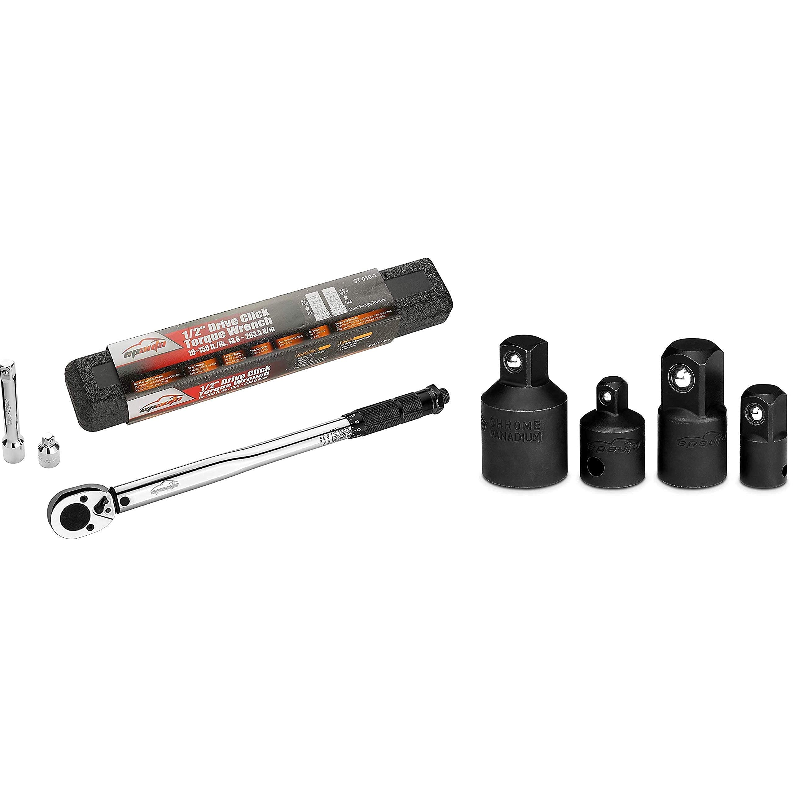 EPAuto 1/2-inch Drive Click Torque Wrench + 4 Pieces - Impact Socket Adapter