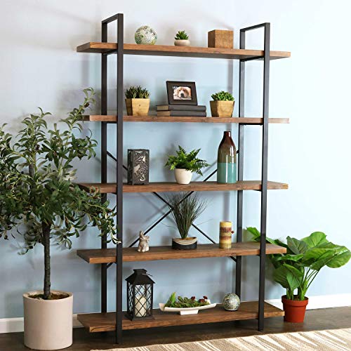 Sunnydaze 5-Tier Industrial Style Bookshelf with Open Shelves and Veneer Finish - North American Teak